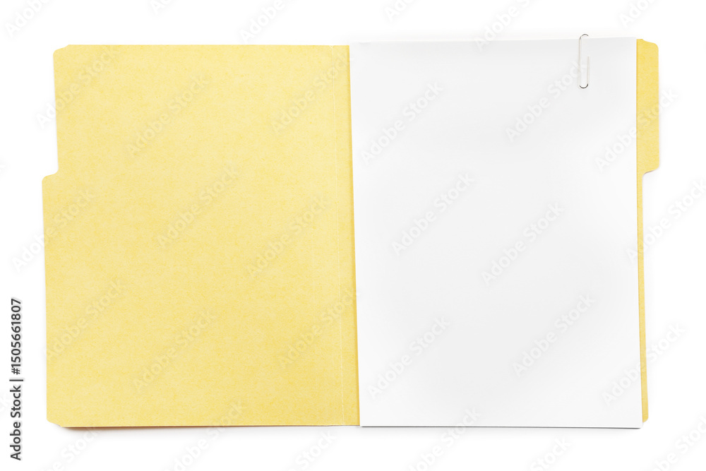 Open paper file folder with blank sheet isolated on white, top view ...