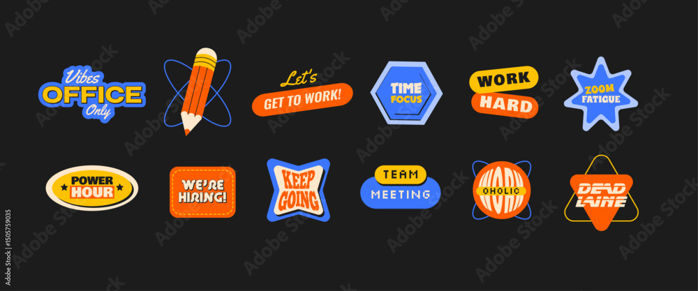 12 Trendy office-themed sticker collection with bold typography and ...