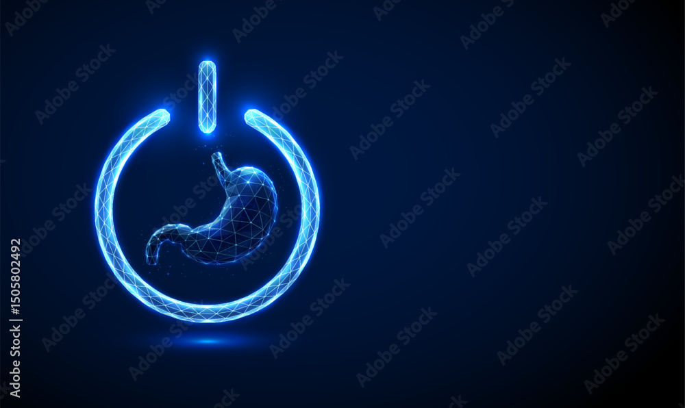 Abstract blue stomach inside a power button. Stomach health protection ...