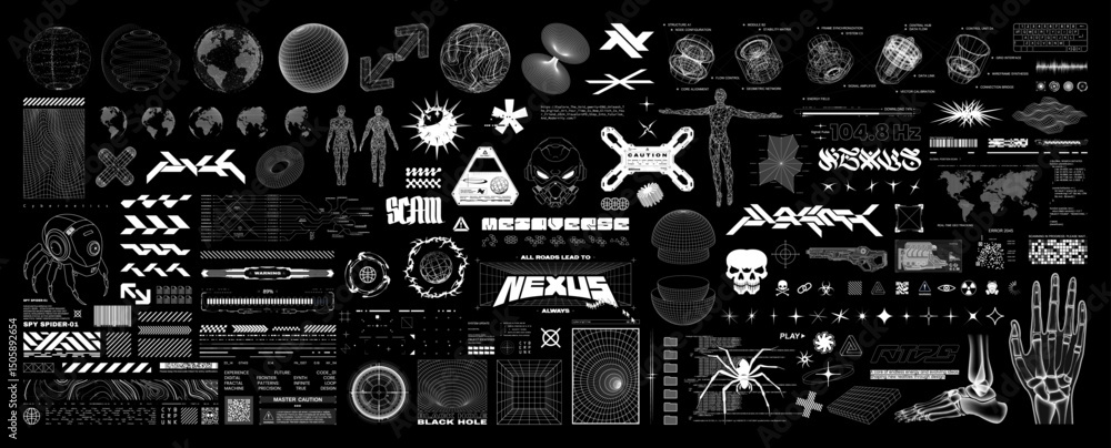 Retrofuturistic cyber aesthetic - 3D shapes, HUD, UI, cyberpunk elements, digital lettering. Y2K ...