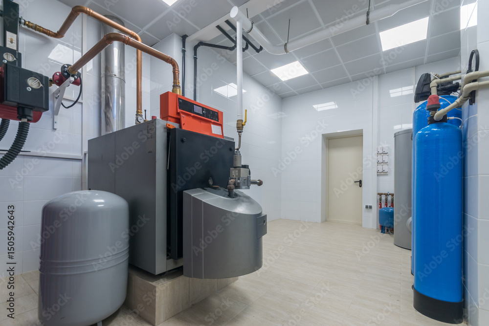 Clean boiler room, decorated with light tiles, in a private house ...