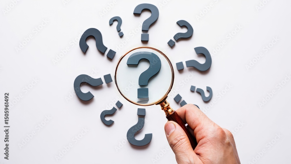 Question mark and root cause analysis concept. Hand holding magnifying glass over large question ...