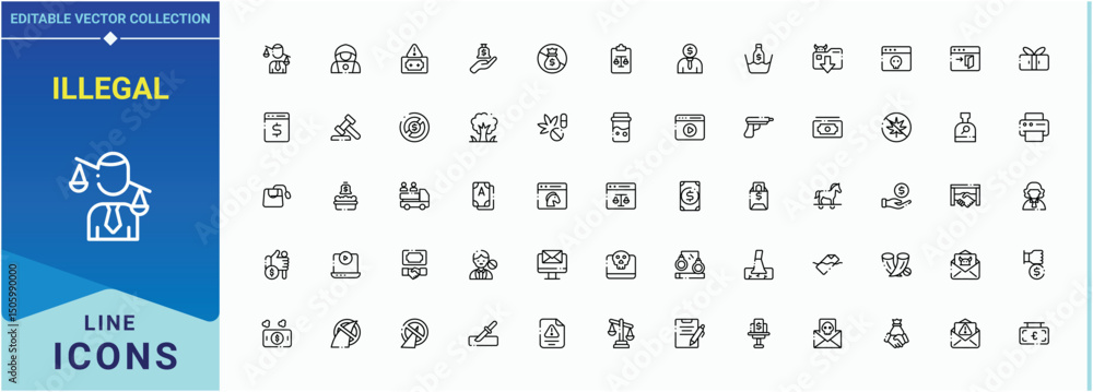Illegal simple icon set. Contains outline symbols like criminal ...