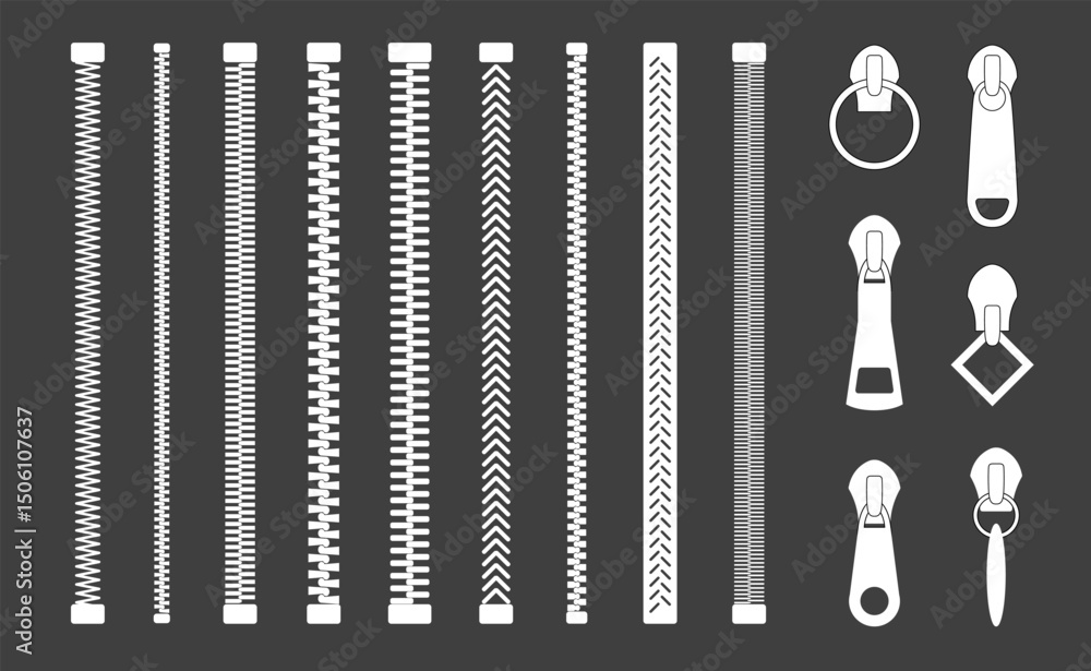 Zipper sign set silhouette. Zipper pattern collection. Different white ...