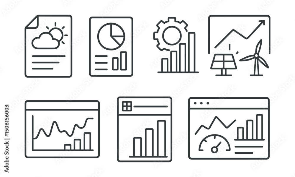 Line style icons of sustainable energy: renewable energy data icon ...