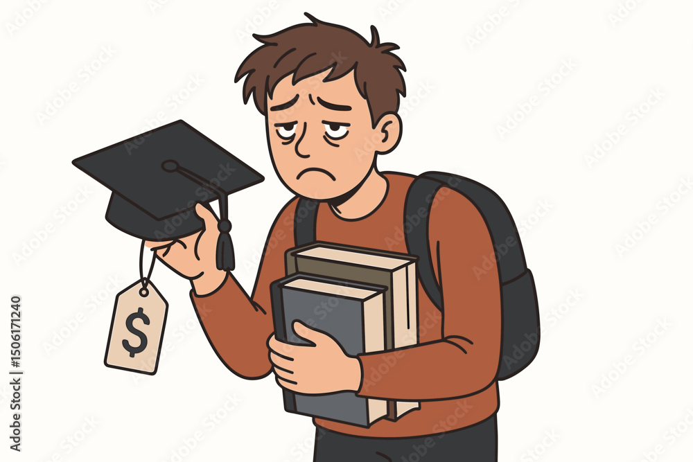 Worried student with graduation cap price tag and textbooks depicting ...