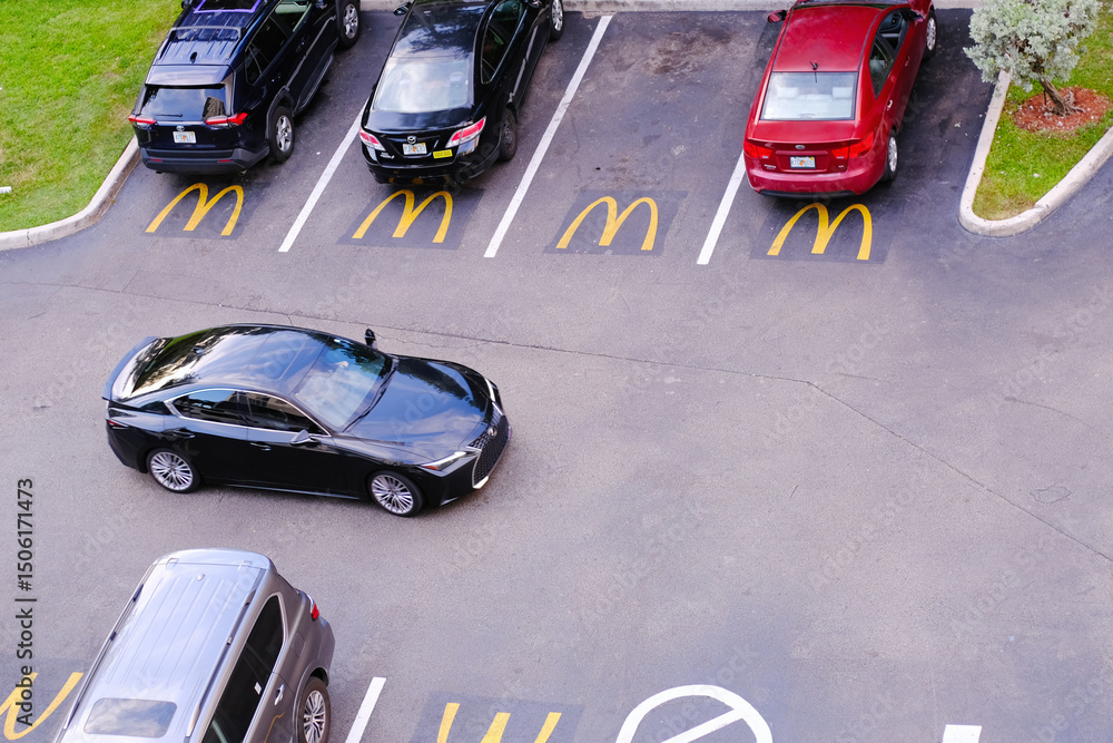 McDonald's fast food restaurant parking lot with asphalt logo brand ...