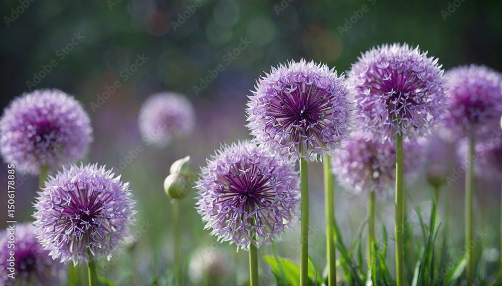 Allium flowers in the field. Closeup of purple flowers that look like ...