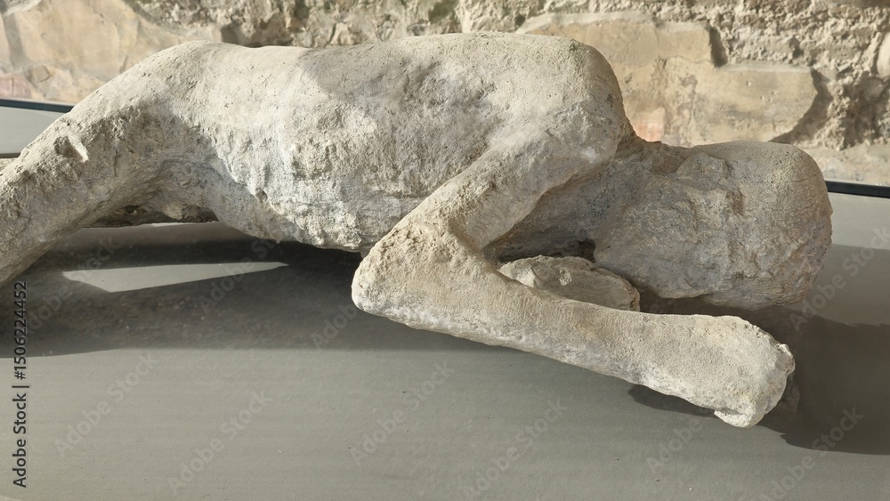 Pompeii, Italy - 8 January 2025. Plaster cast of a victim from the 79 ...