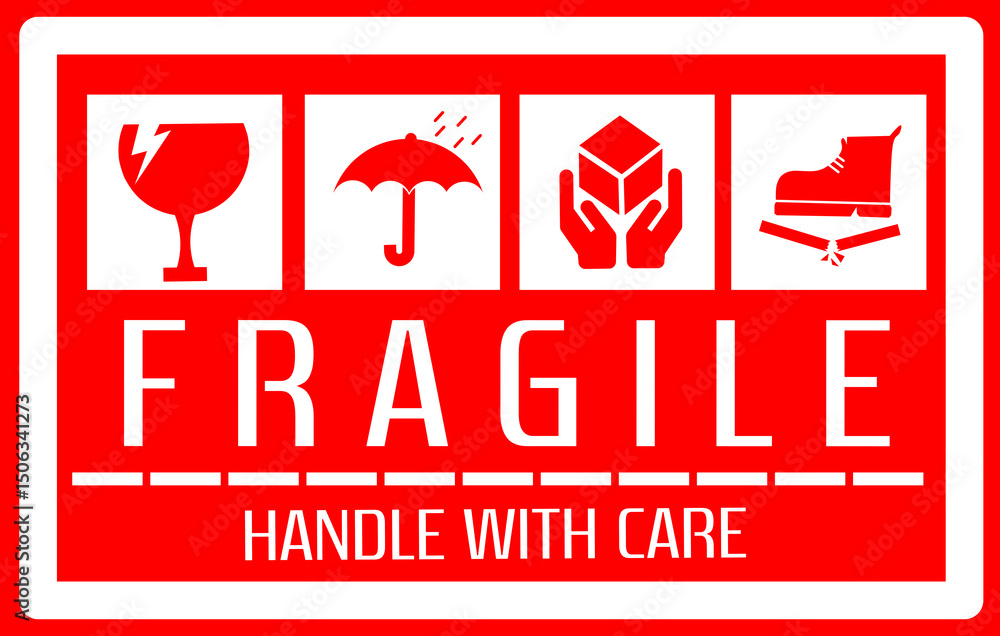 sticker fragile handle with care, red fragile warning label with broken ...