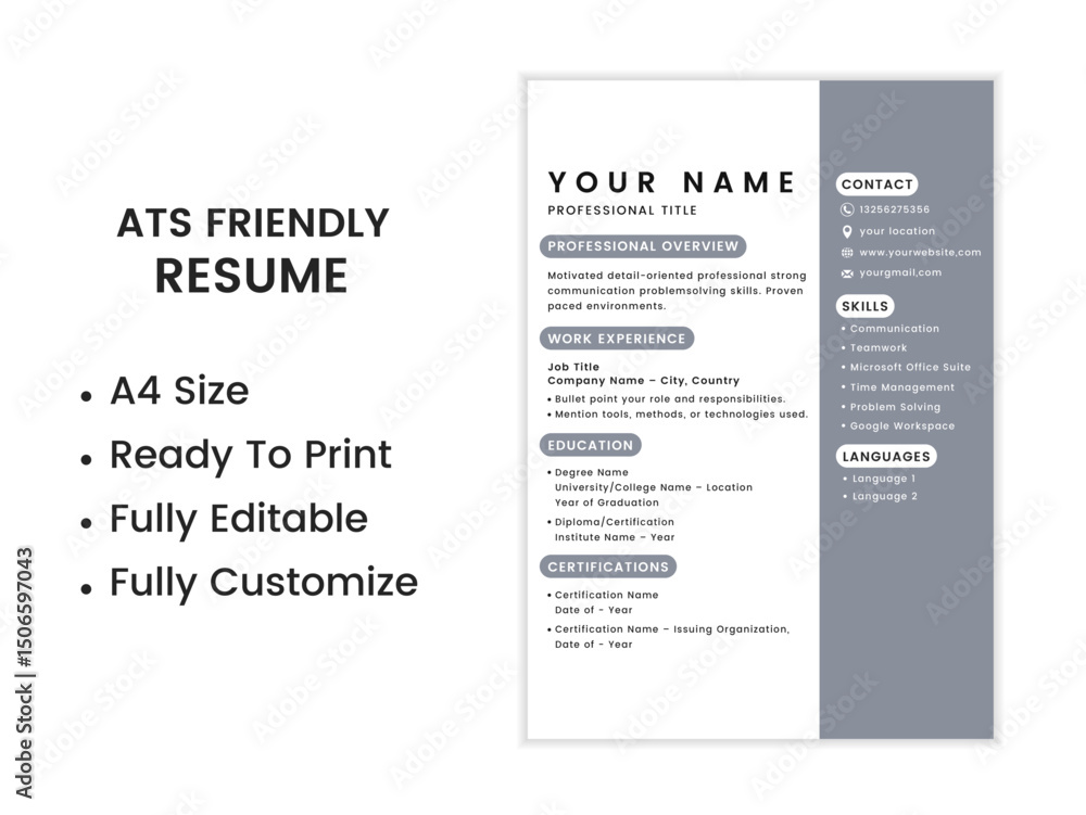 ATS Friendly Resume Template,ATS CV Formate,resume format Stock Vector ...