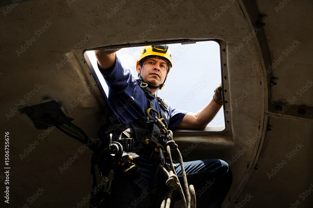 Engineer climbing out of a nacelle on a wind turbine for maintenance ...