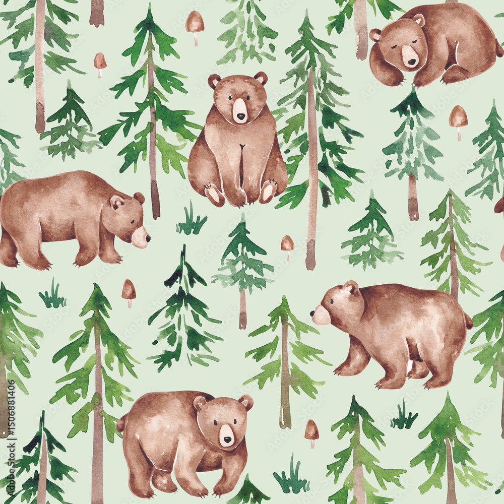 Forest seamless pattern hand drawn with watercolor. Woodland animals ...