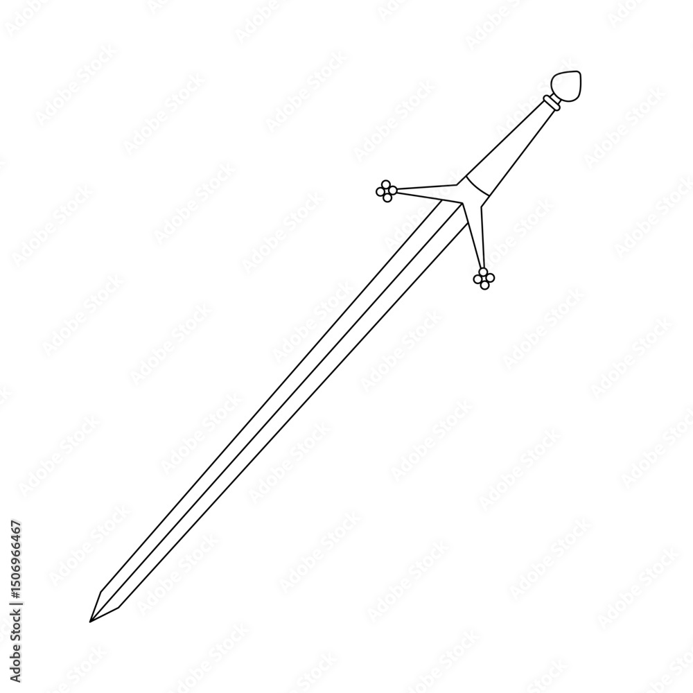 Hand drawn medieval claymore sword illustration. Black outline vector ...