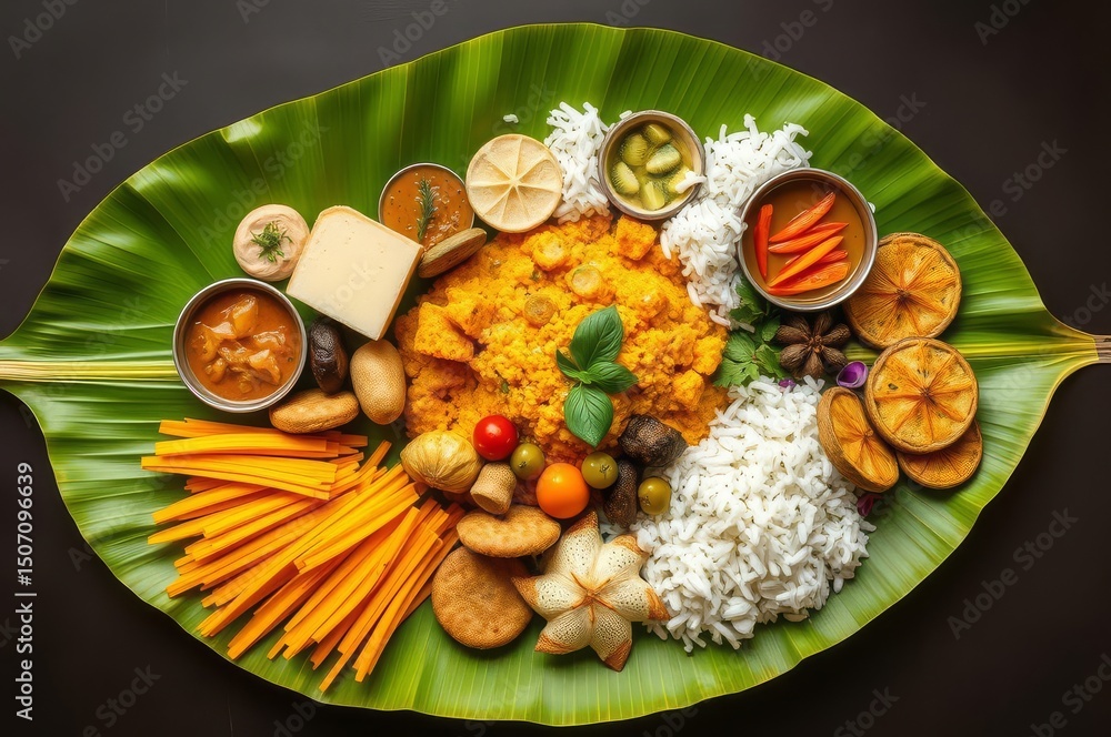 Traditional Onam Sadhya on Banana Leaf Stock Photo | Adobe Stock