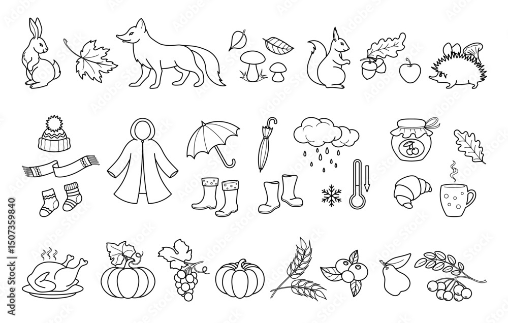 Autumn Icon Set. Symbols and signs for autumn design. Isolated black ...