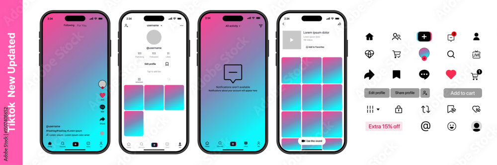 TikTok UI mockup template featuring video player, like, comment, share ...