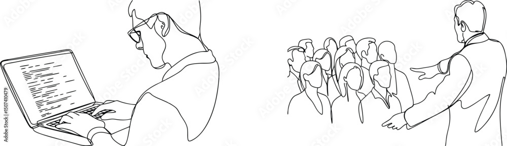 Single line drawing illustration depicting a software developer and a ...