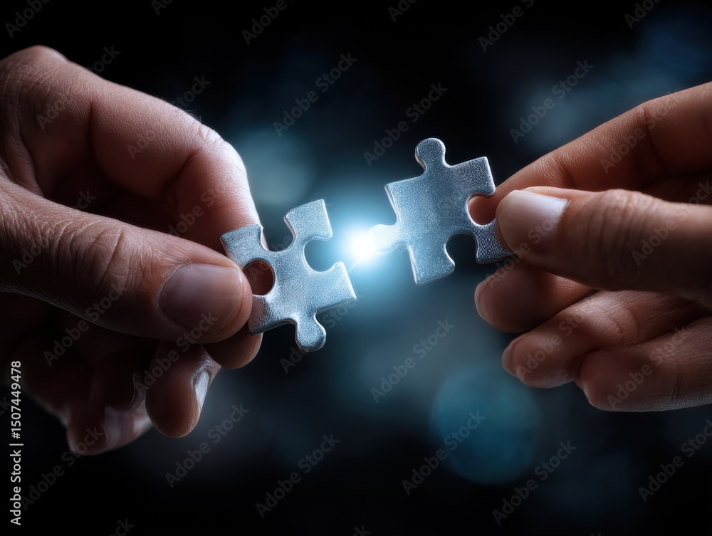 Interconnected Puzzle Pieces: Two hands bringing together puzzle pieces ...