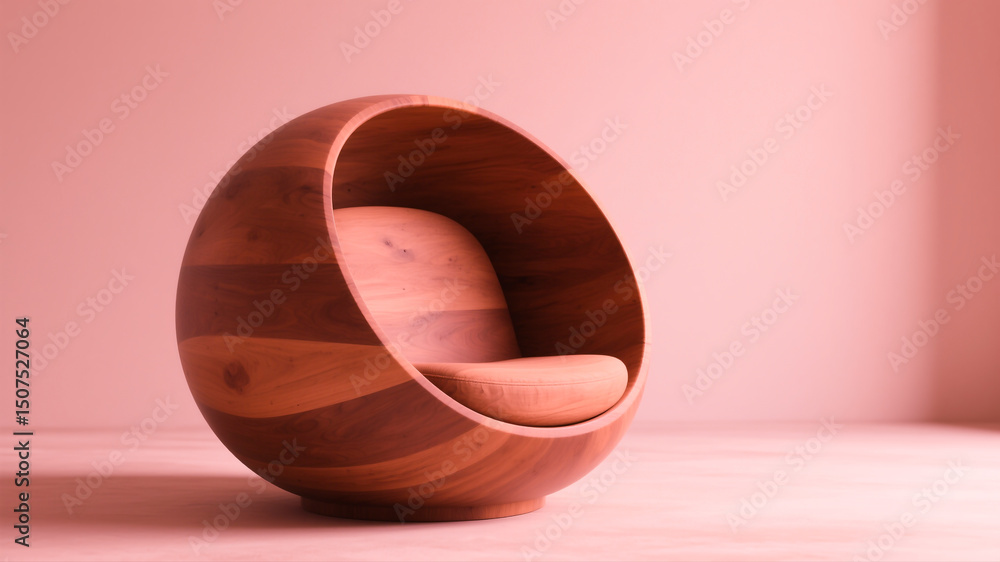 A modern spherical wooden chair with a smooth, striped wood pattern in ...
