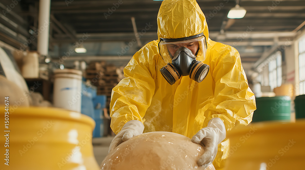 Person in protective suit handling hazardous materials. Safe handling ...