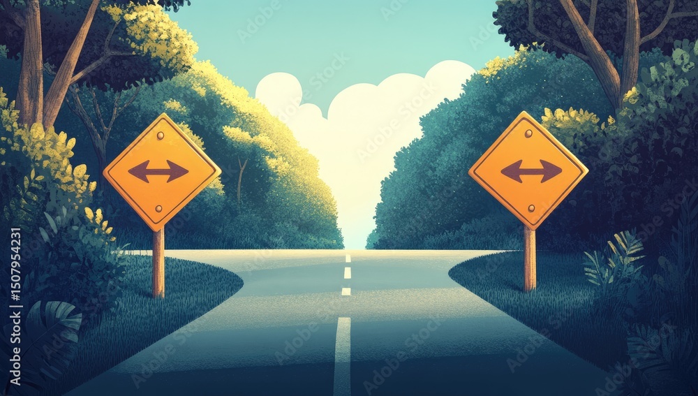 Two paths diverge in a lush, stylized landscape Stock Illustration ...