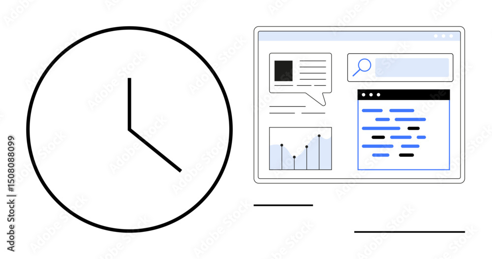 Clock and screen displaying text, charts, and graphs explore themes of ...