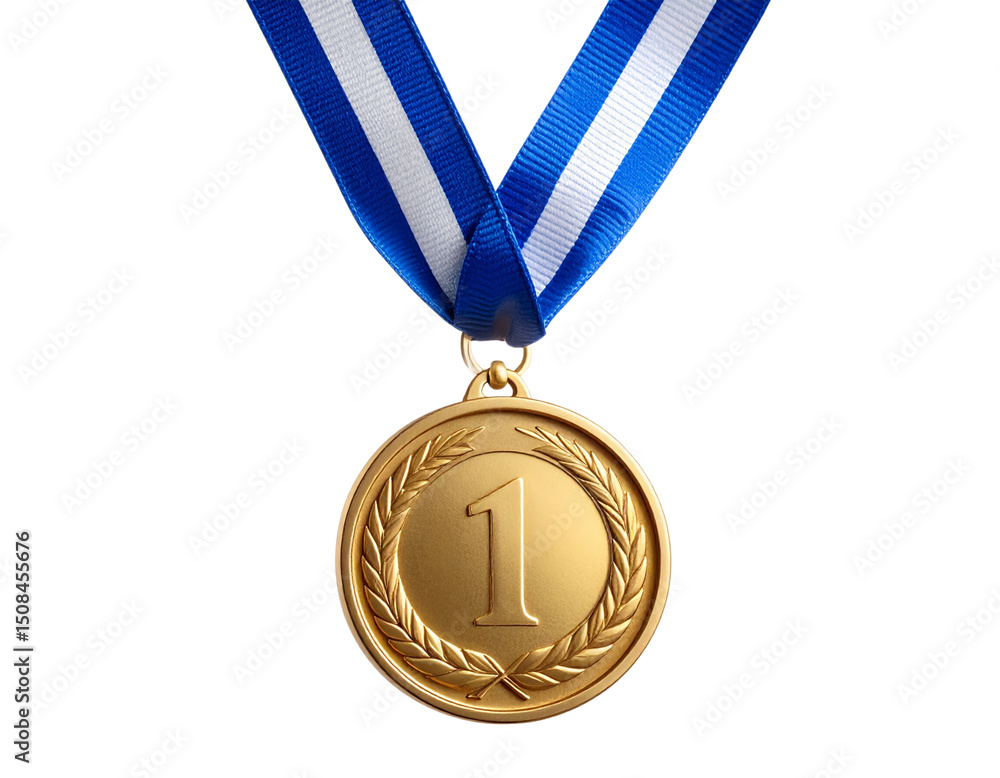 Golden Medal with Blue and White Ribbon Floating Mid-Air, Isolated ...