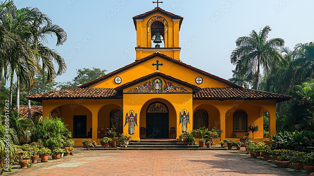 Colonial Spanish style church with symbols of Catholicism intertwined ...