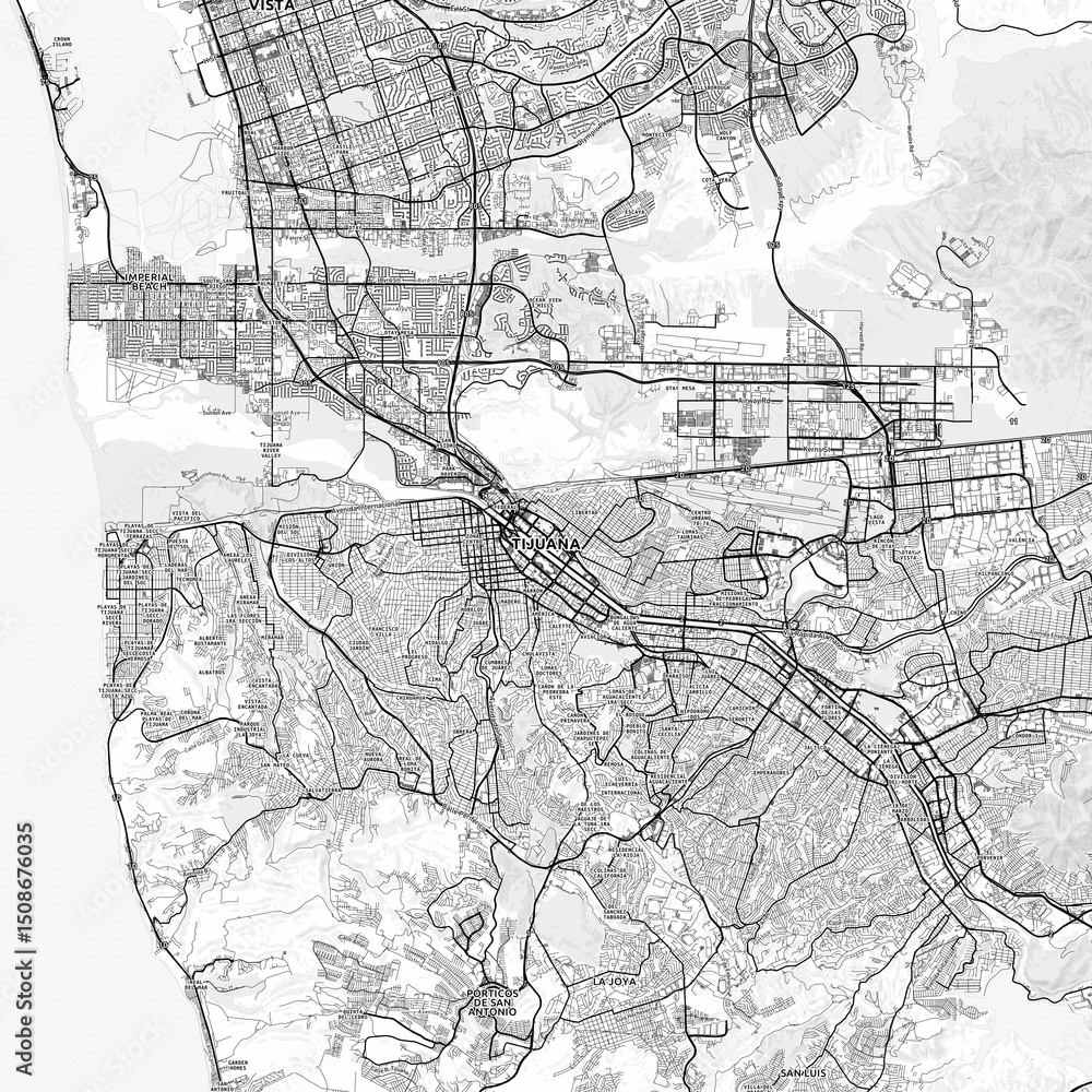 Tijuana Area Map with Labels and Neighborhoods - One color ...