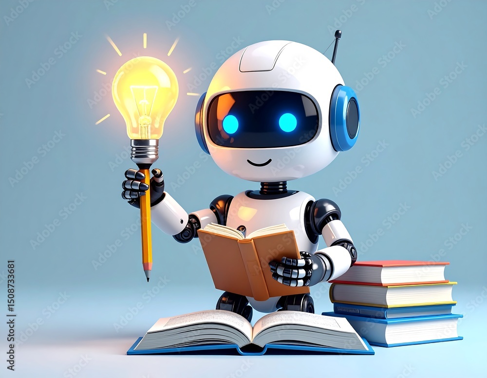 A cute robot sits reading a book, holding a pencil-like lightbulb Stock ...