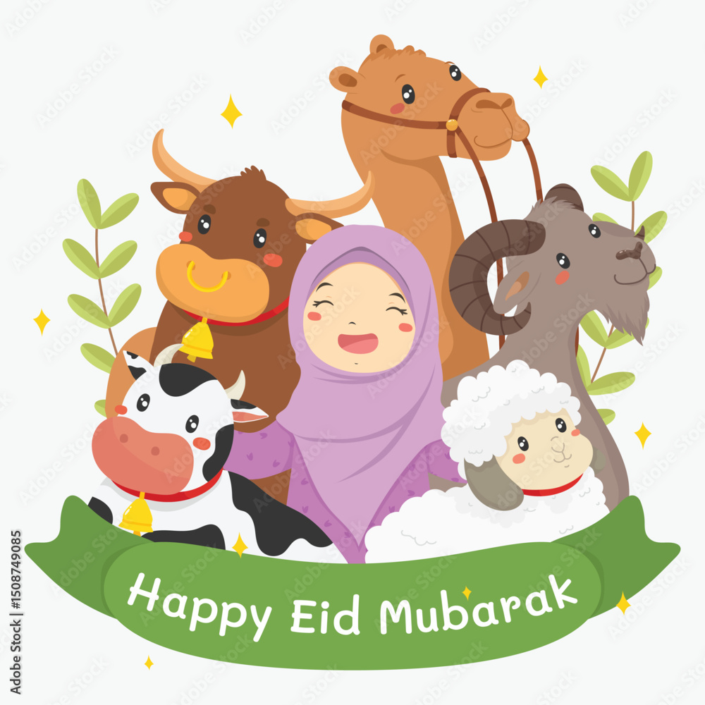 Happy Eid al-Adha Mubarak cartoon vector illustration. Cute flat-style ...