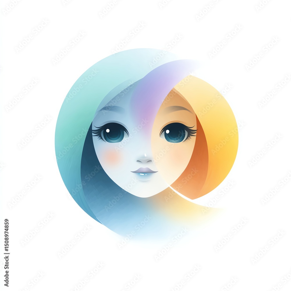 Dual Identity Logo with sun and moon faces in yin-yang layout, colored ...