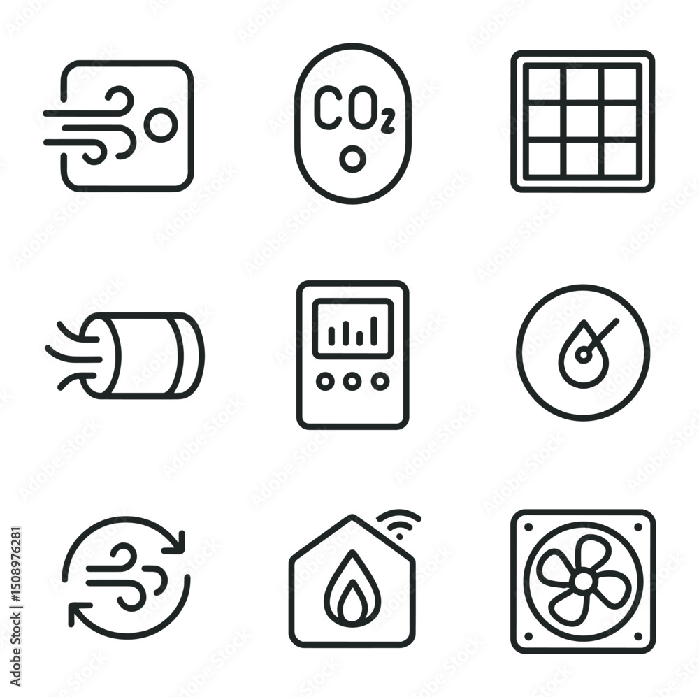 Smart Ventilation Icons. Outline icon set of smart ventilation and IAQ ...
