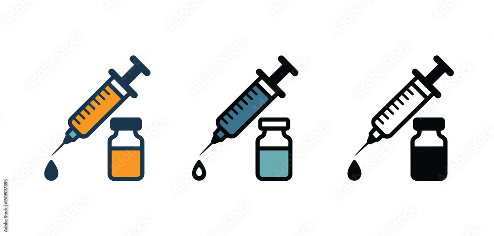Vaccine Syringe and Vial Icons in Three Color Variations Stock Vector ...