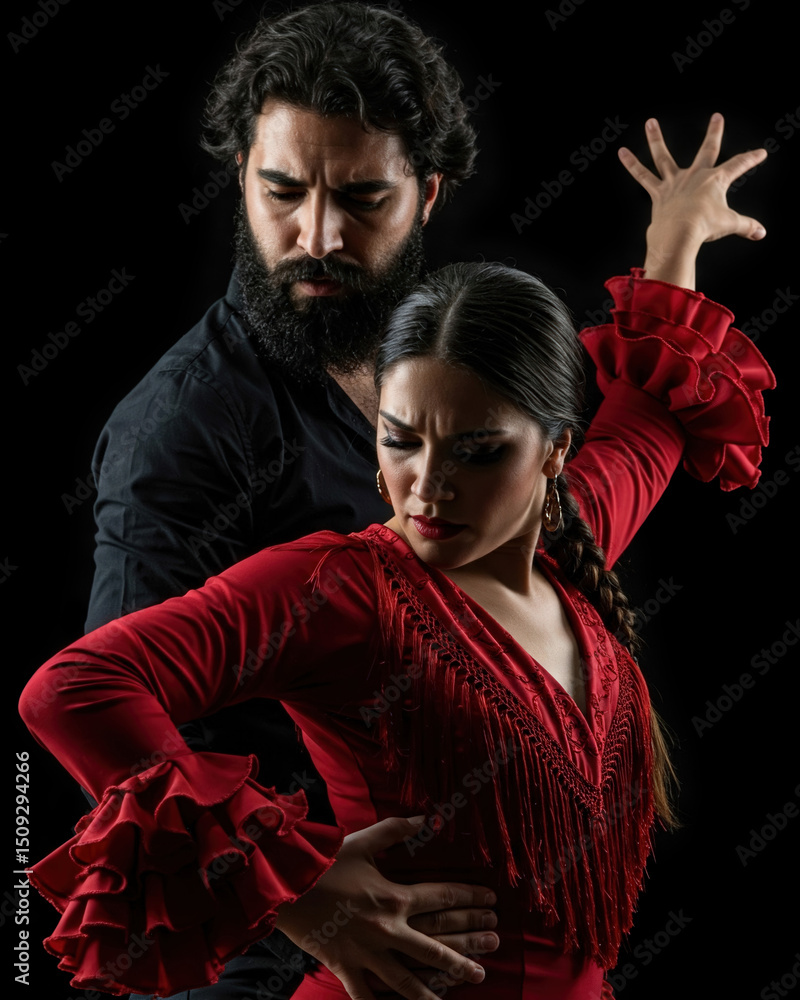 Passionate couple flamenco dancers in traditional red and black dresses ...