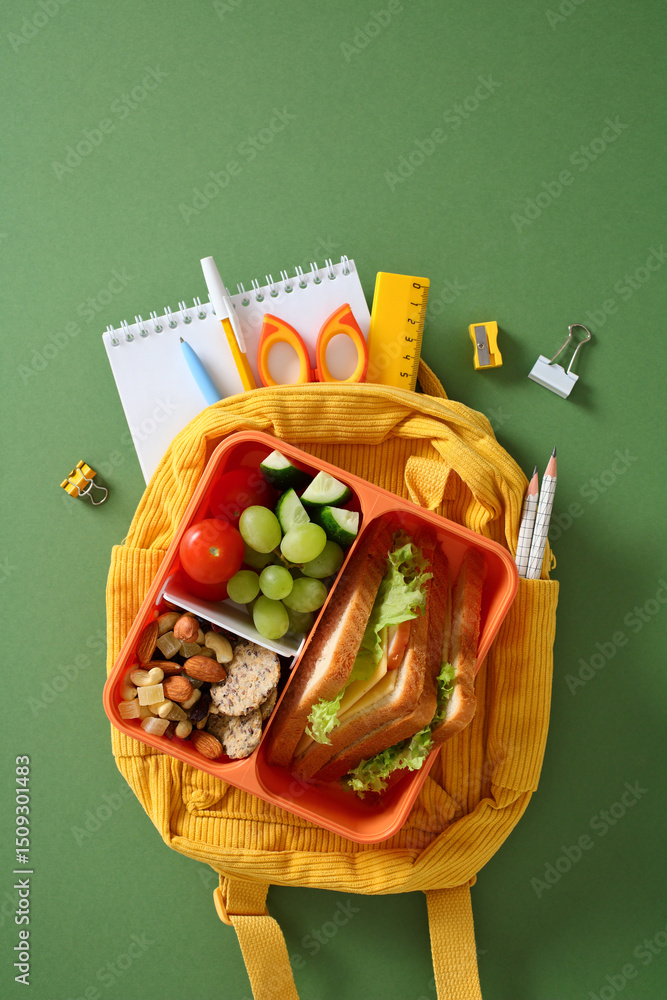 Healthy school lunchbox with sandwich, fruits, and nuts on yellow ...