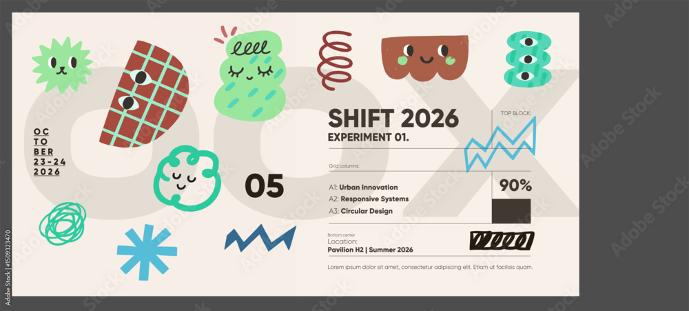 Whimsical and quirky typographic layout with cute characters, data ...
