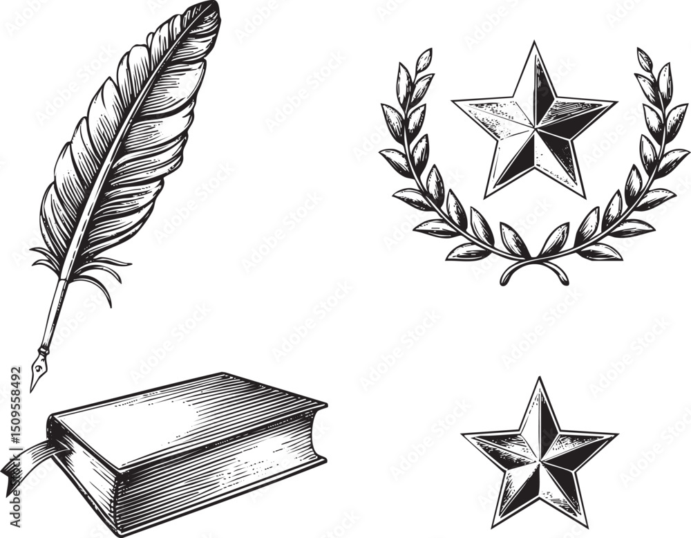 black and white depicts a quill pen an open book and two star emblems ...