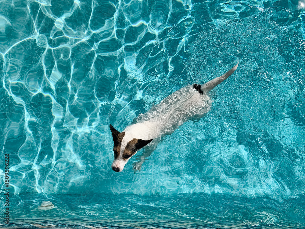 High angle view of a small dog swimming in outdoor swimming pool の ...
