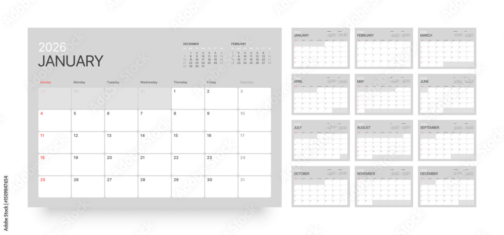 Monthly calendar layout for 2026 year. Diary planner for 2026 year ...