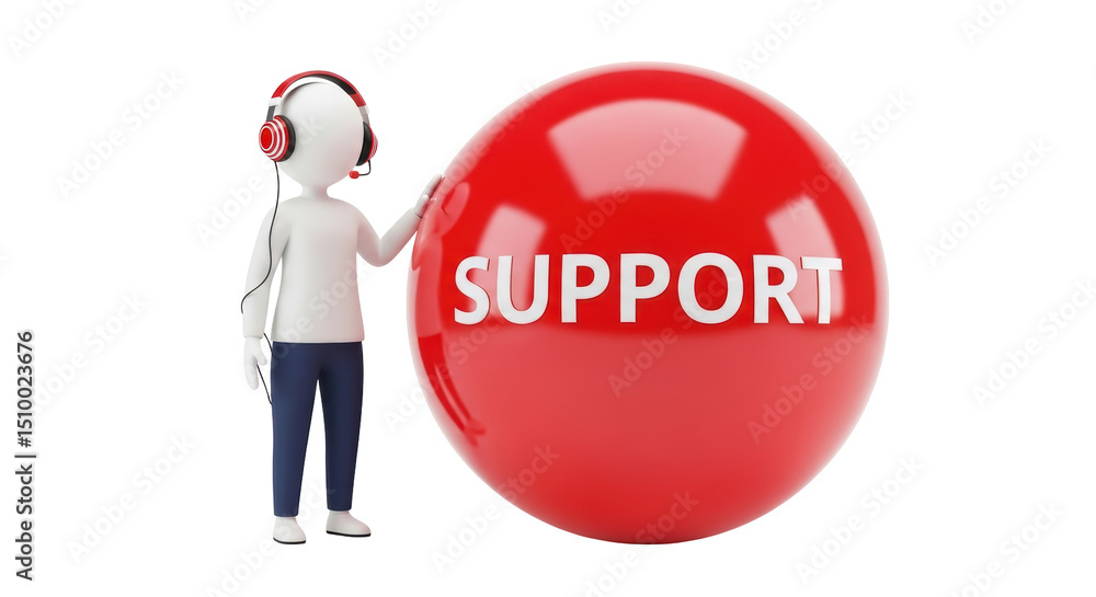 Isolated 3D Stick Figure Support Agent with Headset and Red Sphere ...