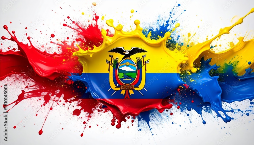 flag of Ecuador with a dynamic paint-splash effect. The yellow, blue ...