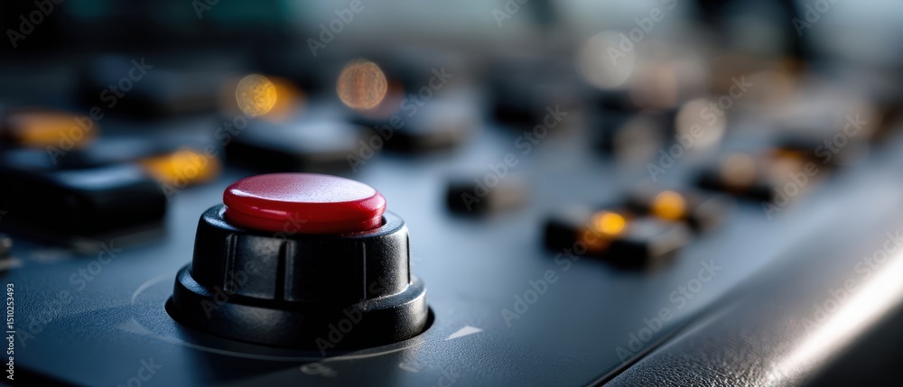 Closeup of a red emergency stop button on a control panel, symbolizing ...