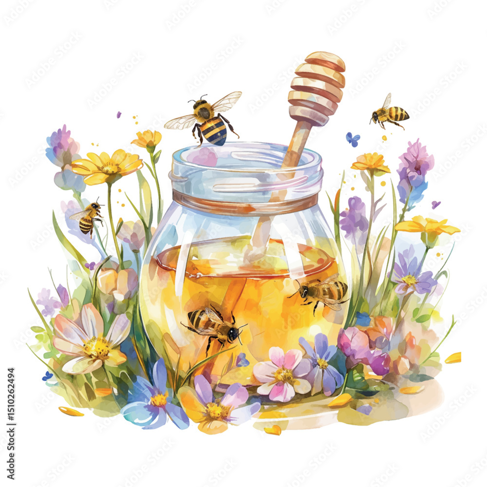 Busy bees gather nectar in a vibrant meadow filled with colorful ...