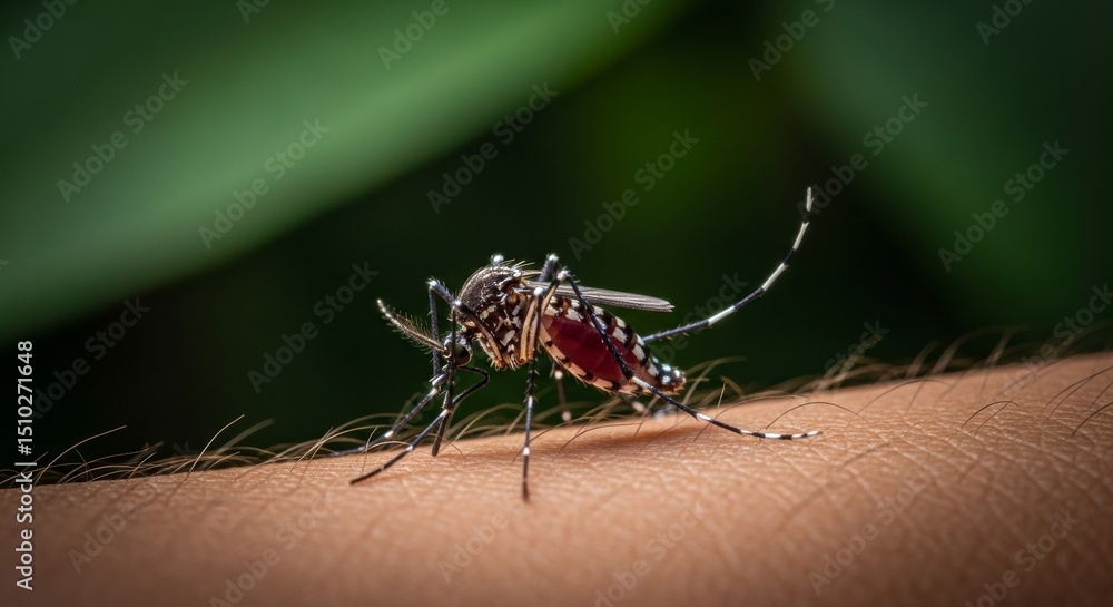 Aedes aegypti mosquito with black and white stripes biting human skin ...