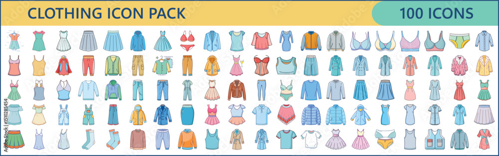 Collection of 100 different clothing icons for fashion design purposes ...