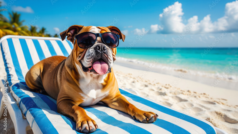 Relaxed bulldog with sunglasses lounges on a sunbed at the beach, funny ...