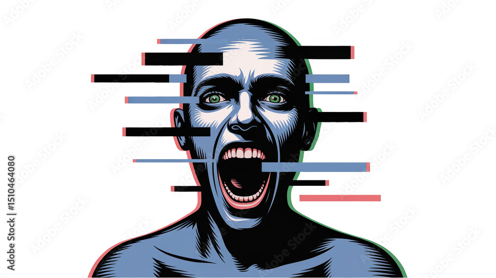 ภาพประกอบ Stock Illustration of a screaming bald man with a glitch ...