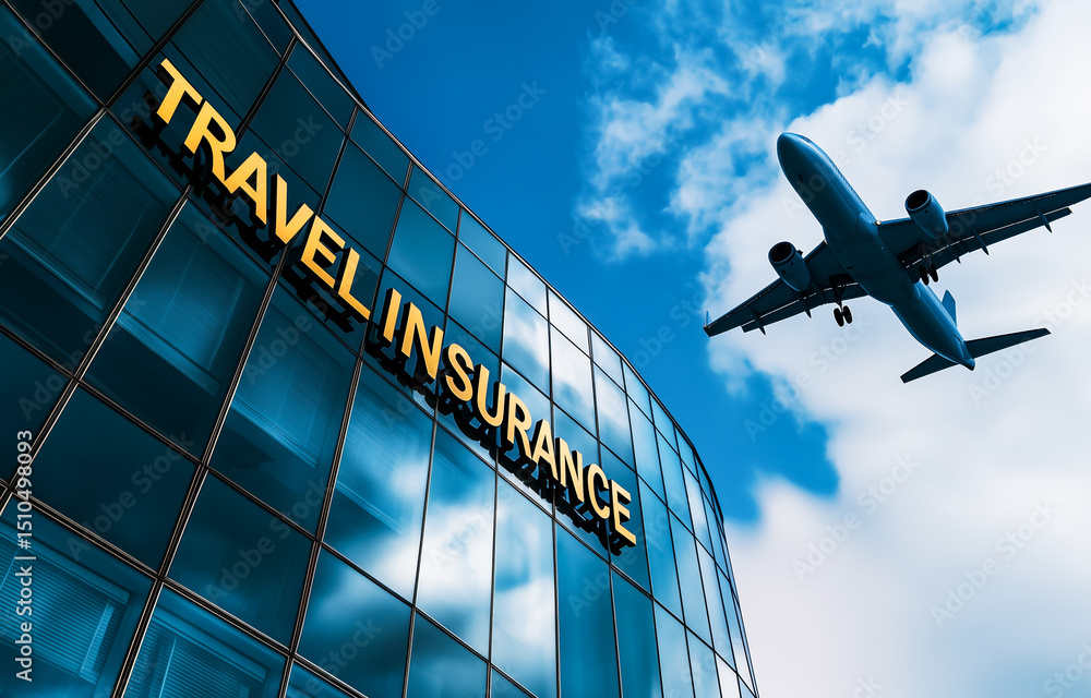 Foto de Stock Airplane flying above travel insurance office building ...